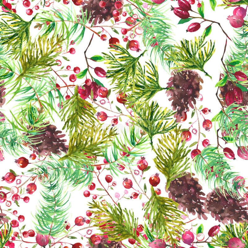 Christmas Botanical Watercolor Pattern Stock Illustration ...