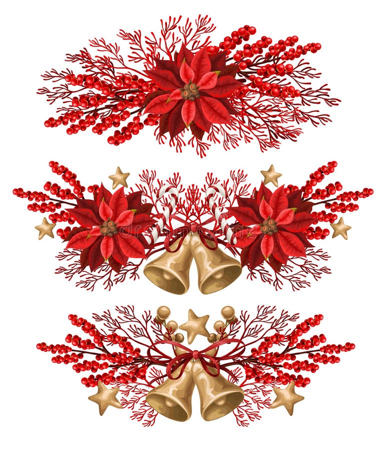 Christmas Bouquets with Red Berries, Poinsettia and Bells. Vector ...