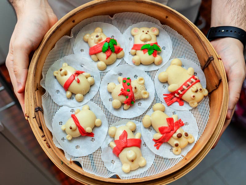 Christmas Bread Bears in a Bamboo Steamer Stock Image - Image of ...
