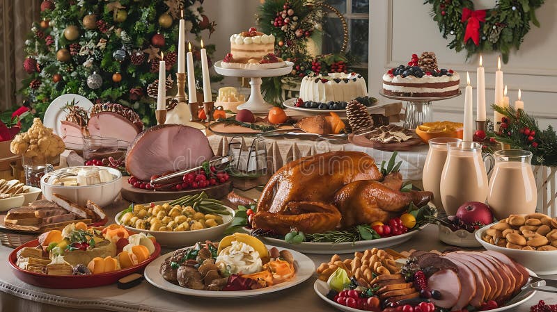Christmas Buffet Table with Traditional Dishes, Desserts, and Holiday ...