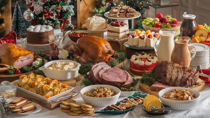 Christmas Buffet Table with Traditional Dishes, Desserts, and Holiday ...