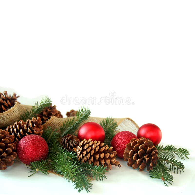Christmas Bulb, Pine Cone, and Evergreen Border Isolated on Whit Stock ...