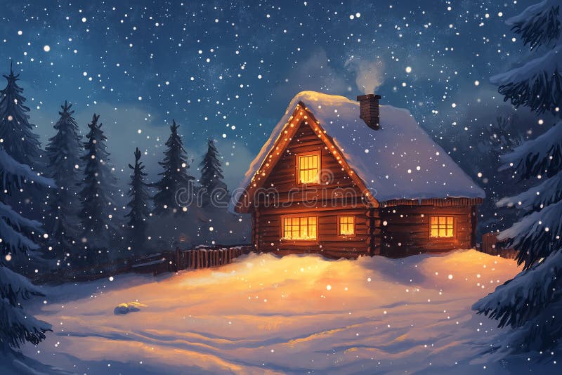 Christmas Cabin in the Snow, Warm Lights. by Generative Ai Stock ...