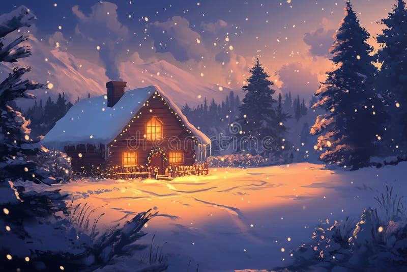 Christmas Cabin in the Snow, Warm Lights. by Generative Ai Stock ...