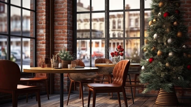 Christmas Cafe Interior with Tree. Generative AI Stock Illustration ...