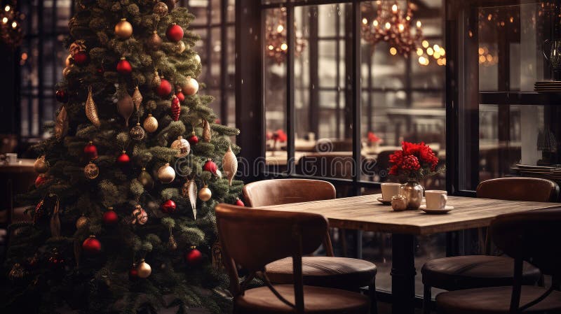 Christmas Cafe Interior with Tree. Generative AI Stock Illustration ...