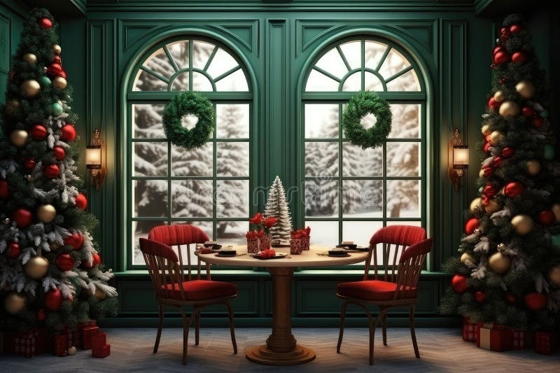 Christmas Cafe Interior with Tree. Generative AI Stock Illustration ...