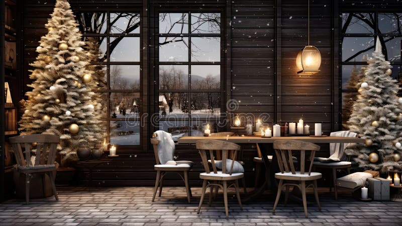 Christmas Cafe Interior with Tree. Generative AI Stock Illustration ...