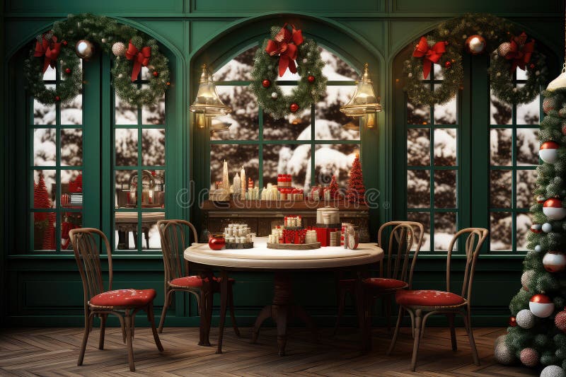 Christmas Cafe Interior with Tree. Generative AI Stock Illustration ...