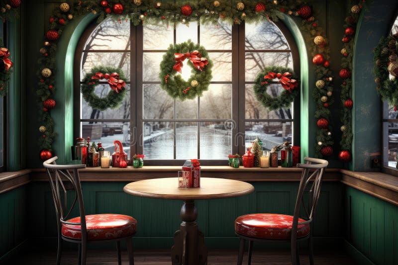 Christmas Cafe Interior with Tree. Generative AI Stock Illustration ...