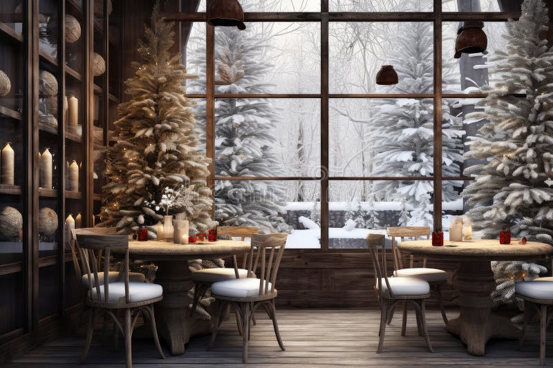 Christmas Cafe Interior with Tree. Generative AI Stock Illustration ...