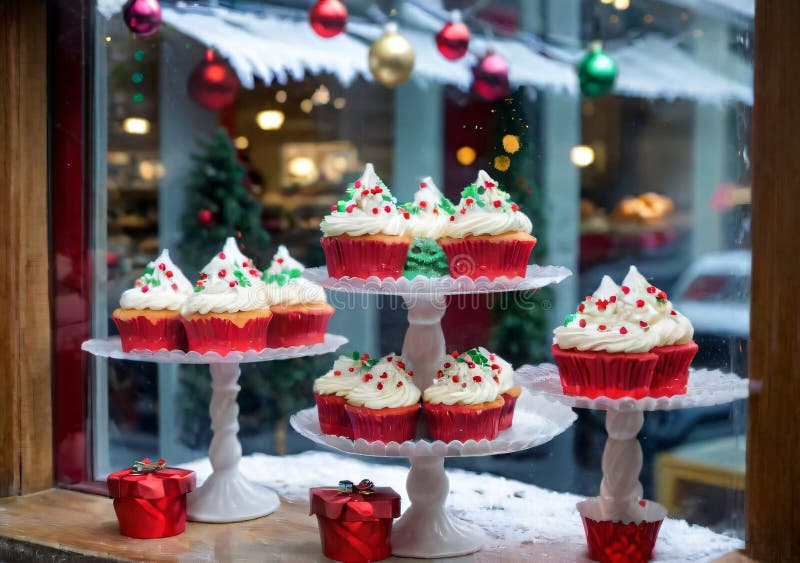 A Christmas Cake Stand with Festive Cupcakes, in a Bakery Window ...