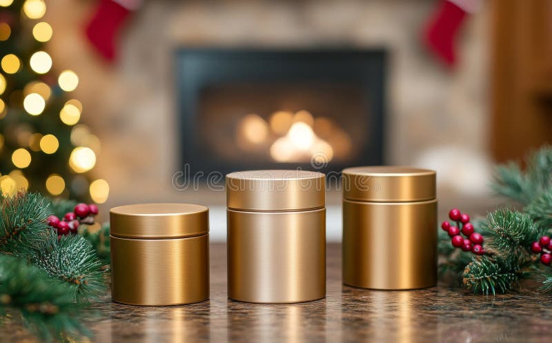 Christmas Candle Display on a Marble Table with Festive Decor by a Cozy ...