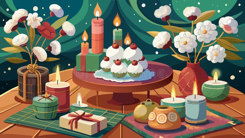 Christmas Candle. Table with Cotton Flowers and Scented Candles ...