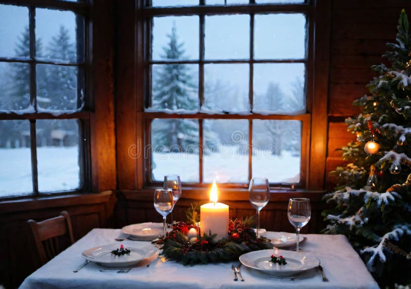 A Christmas Candlelit Dinner Setting, with a Snowy Window View ...
