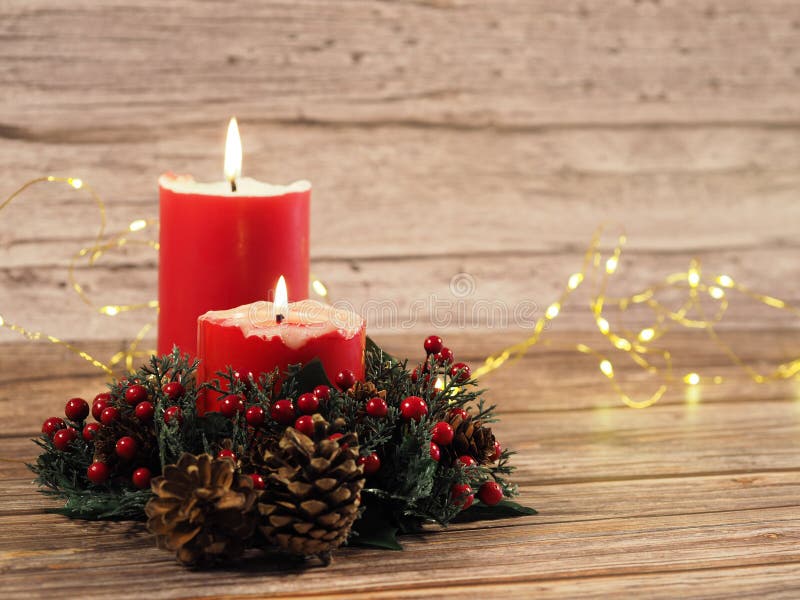 Christmas Candles and Lights . Christmas on Wood Background Stock Image ...