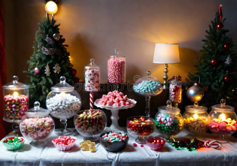 A Christmas Candy Buffet with a Variety of Sweets, Under Warm Lights ...