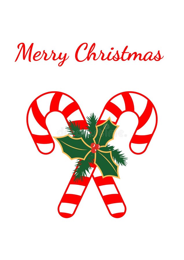 Christmas Candy Canes with Berries and Leaves. Christmas Greeting Card ...