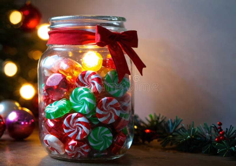 Christmas Candy in a Jar, with a Backlit Warm Glow. Generative AI Stock ...