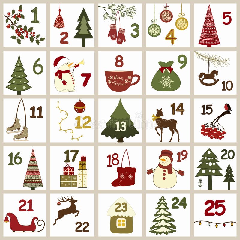 Christmas Advent Calendar with Christmas Symbols.Winter Holidays Poster ...