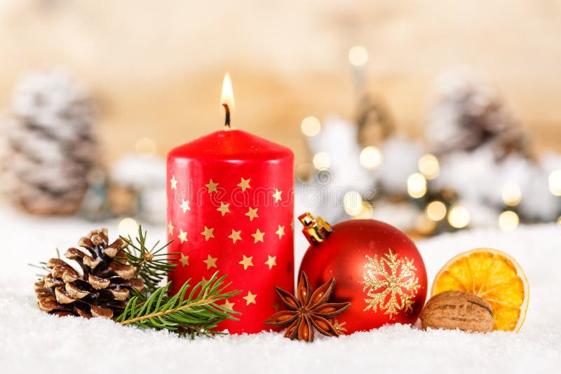 Christmas Card Advent Time with Burning Candle Decoration Stock Image ...