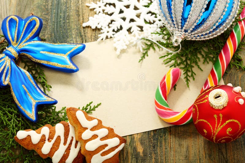 Christmas Card with Balls, Candy and Snowflakes. Stock Photo - Image of ...