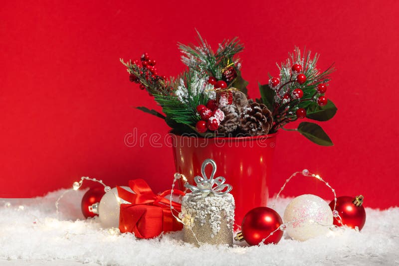 Christmas Card Composition with Snow and Christmas Tree Branches ...