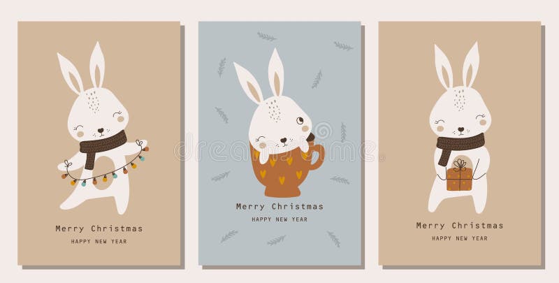 Christmas Card with Cute Rabbit. Vector Illustrations Stock Vector ...