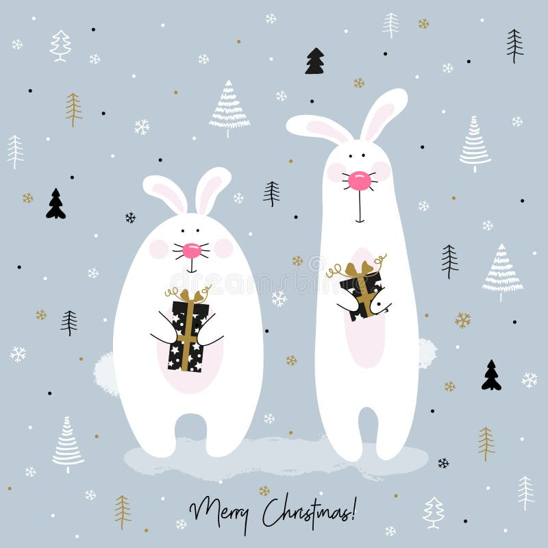 Christmas Card with Cute Rabbits. Hand Drawn Characters. Vector ...