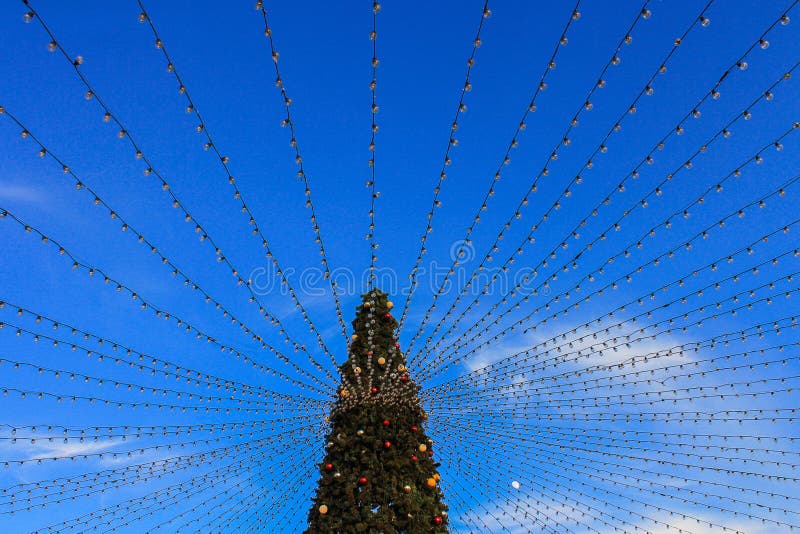 Christmas Card. Decorated with Baubles Fir Tree with a String of Lights ...