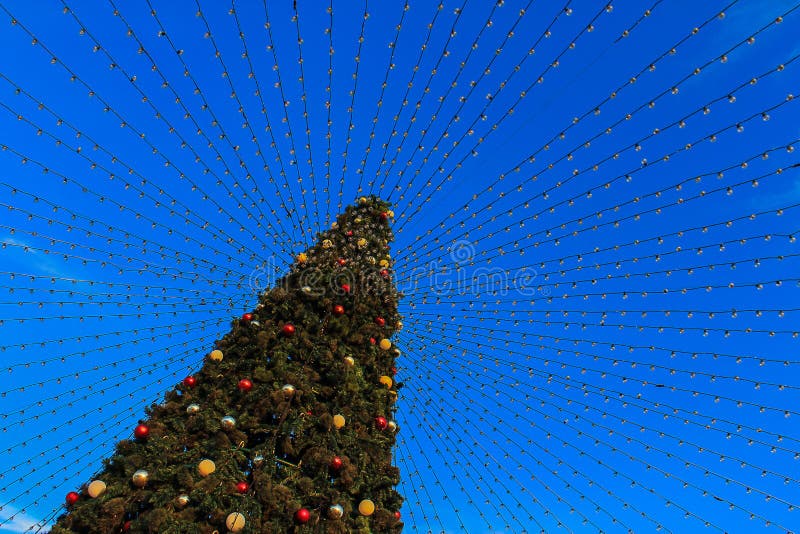 Christmas Card. Decorated with Baubles Fir Tree with a String of Lights ...