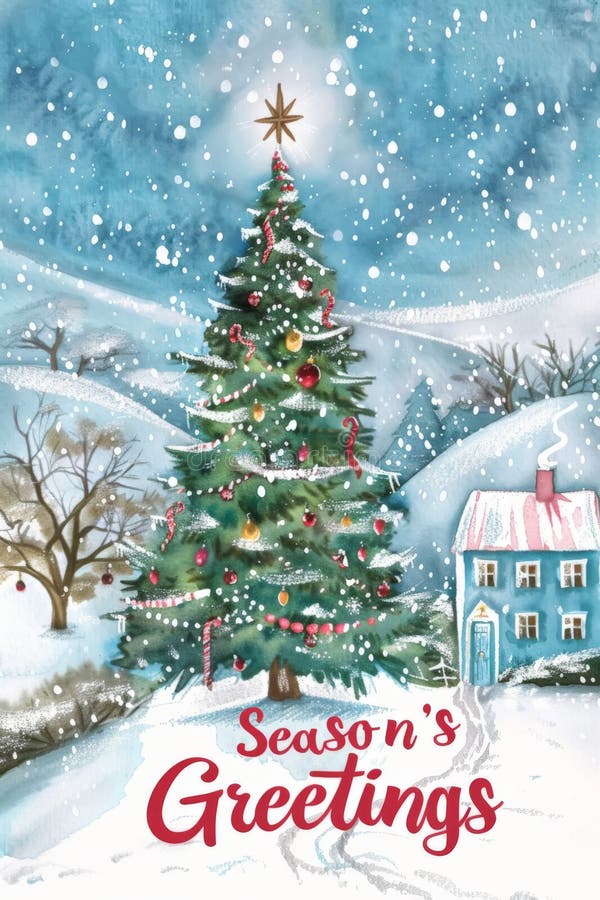 Festive Christmas Card with Tree and Snow Stock Photo - Image of card ...