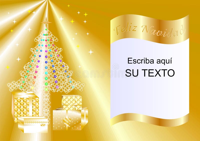 Christmas Card Decorated with Xmas Tree, Balls and Gift Boxes Golden ...