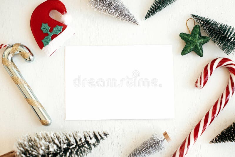 Christmas Card Flat Lay. Empty Greeting Card Mock Up and Christmas ...