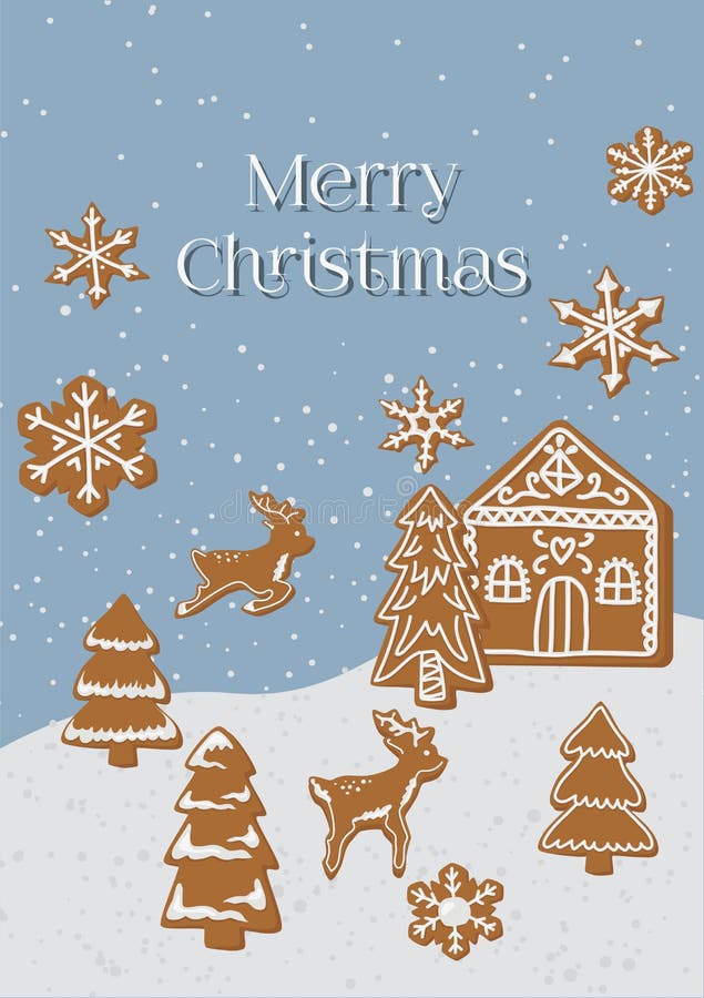 Christmas Card with a Gingerbread House, Deer and Christmas Trees Stock ...