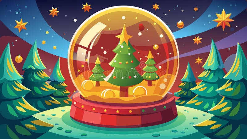 Christmas Card with Golden Snow Globe and Christmas Trees in the ...