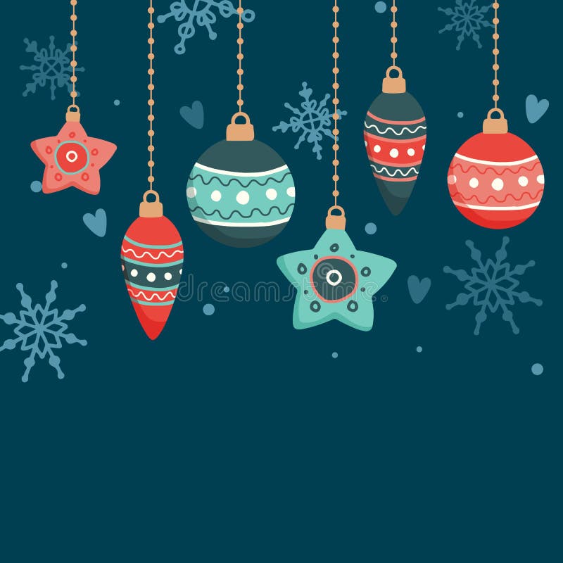 Christmas Card with Hanging Decorations, Vector Illustration Stock ...