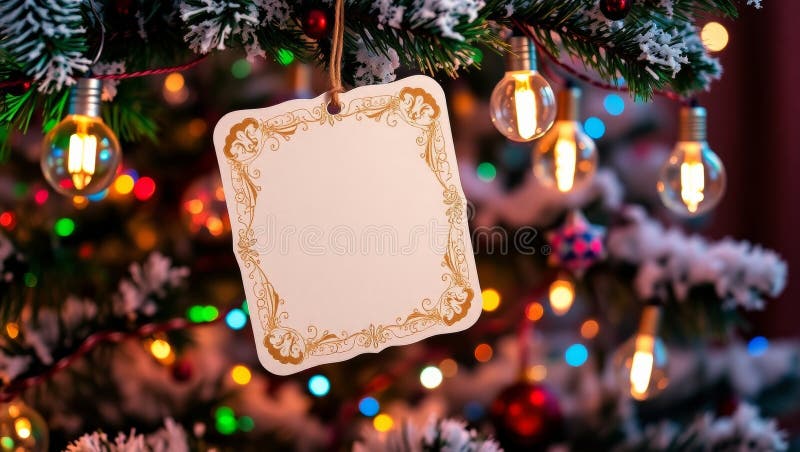 Christmas Card Hanging on Christmas Tree with Lights and Bokeh Effect ...