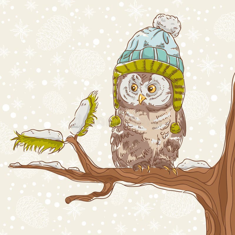 Christmas Card of Owls in Hats Stock Vector - Illustration of ...