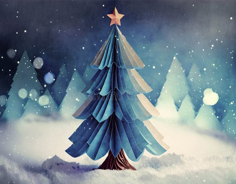 Christmas Card with Paper Christmas Tree on Snowy Night Background ...