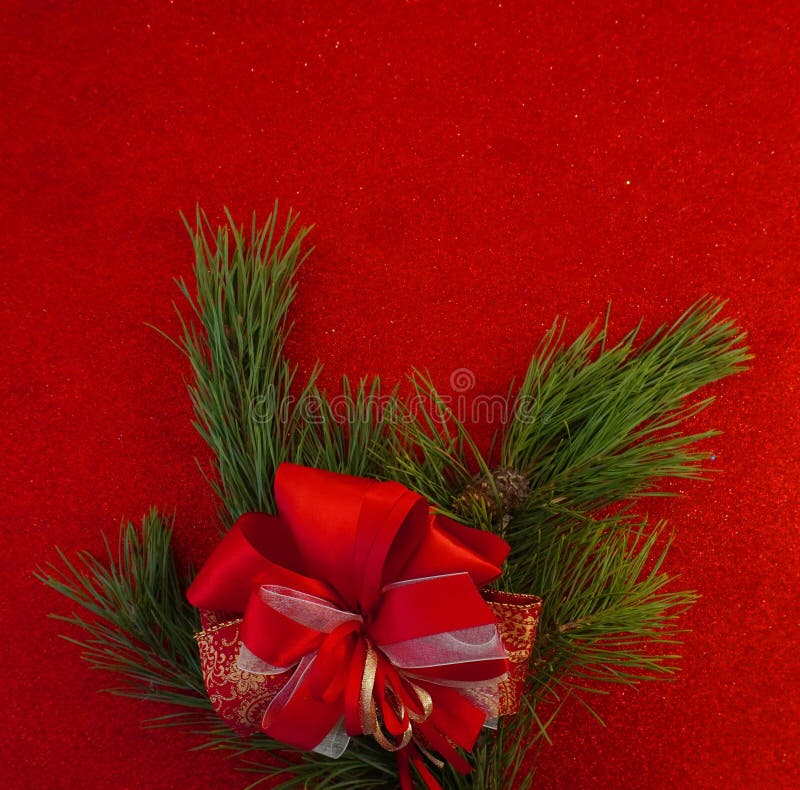 Christmas Card on a Red Background Christmas Tree Sprig and Balls ...