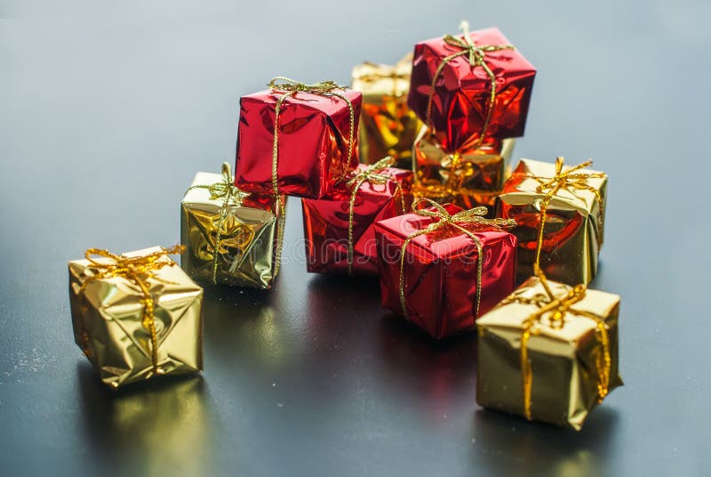 Christmas Card Red Golden Tiny Gift Boxes Stock Image - Image of ...