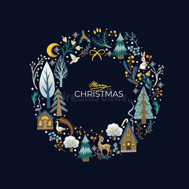Christmas Card with Rustic Animals, Birds and Trees. Wallpaper Print ...