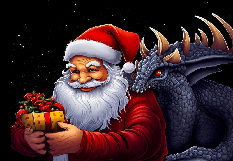 Christmas Card with Santa and Dragon Holding Present in Front of Black ...