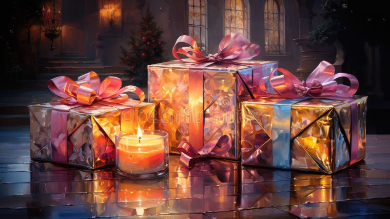 Christmas Card with Shiny Gift Boxes. AI Generating Stock Illustration ...