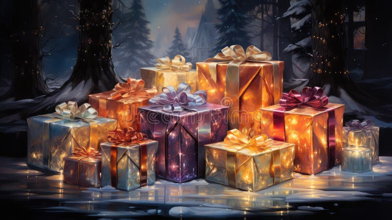 Christmas Card with Shiny Gift Boxes. AI Generating Stock Illustration ...