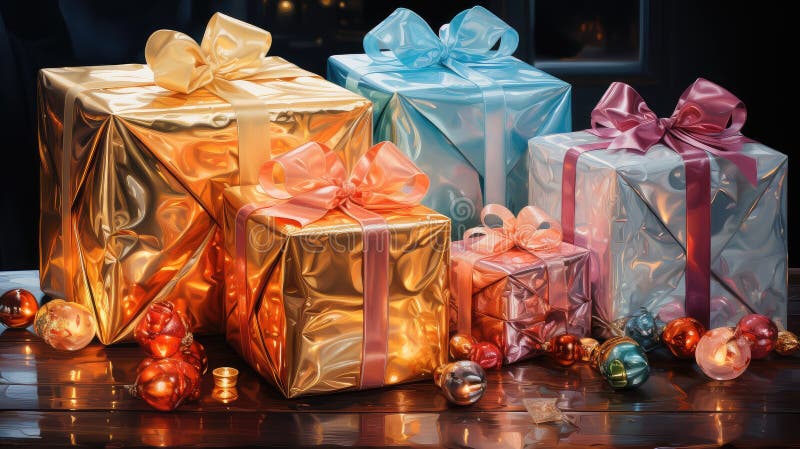 Christmas Card with Shiny Gift Boxes. AI Generating Stock Photo - Image ...