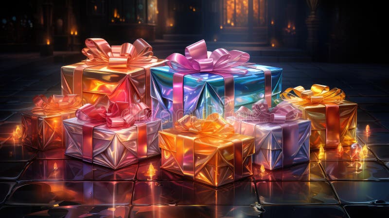 Christmas Card with Shiny Gift Boxes. AI Generating Stock Photo - Image ...