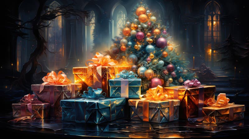 Christmas Card with Shiny Gift Boxes. AI Generating Stock Illustration ...