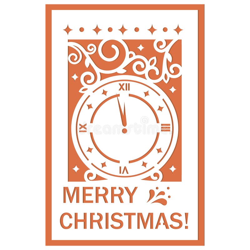 Christmas Card Template with Clock, Papercut Style, File Cutting Stock ...
